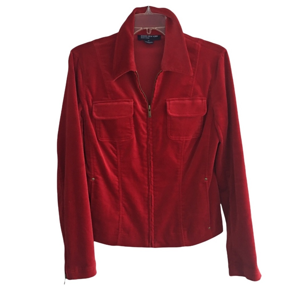 90s Y2k Jones New York Velvet Red Zip Up Jacket - Gem